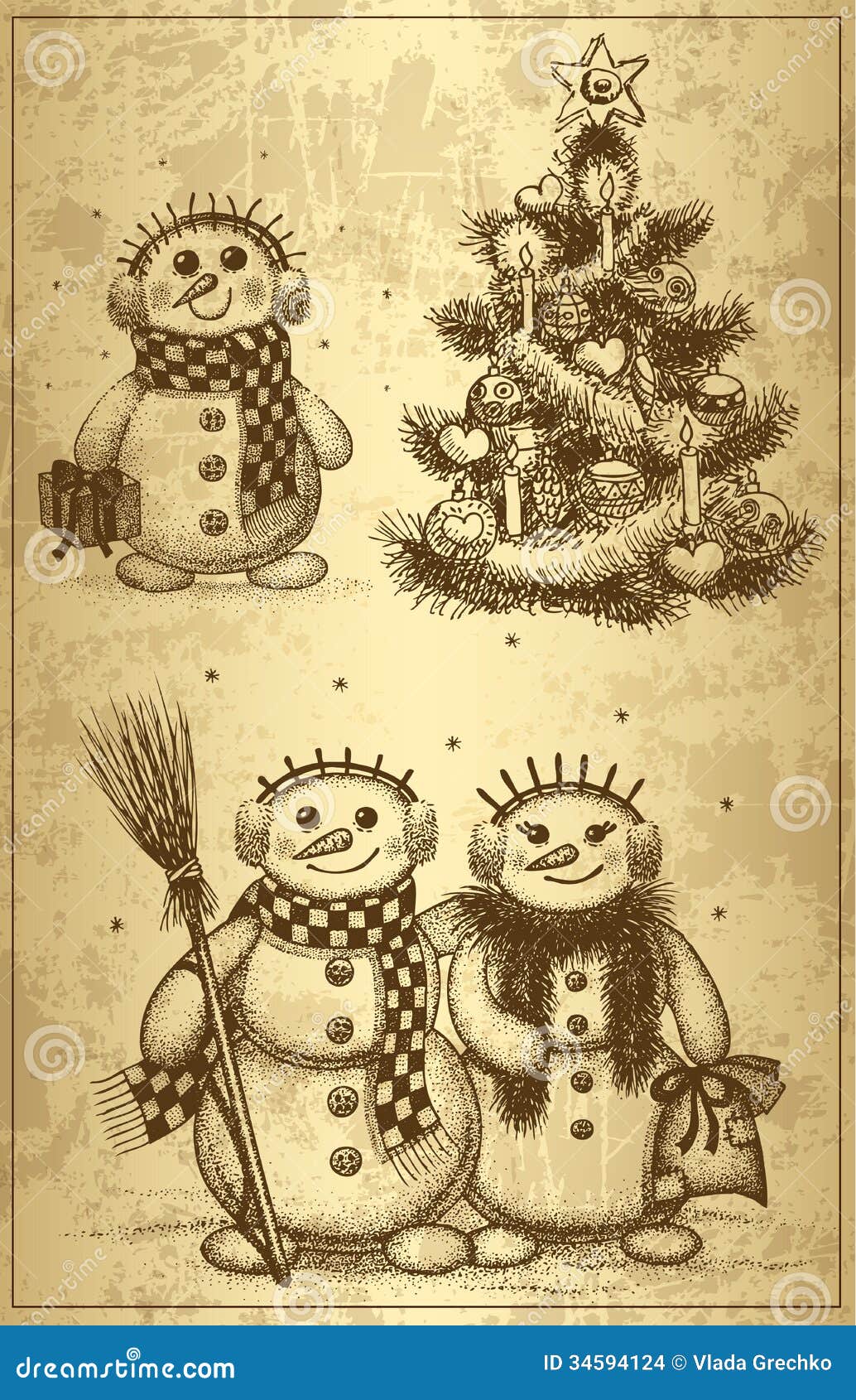Christmas Tree and Snowman Drawn by Hand Stock Vector - Illustration of ...