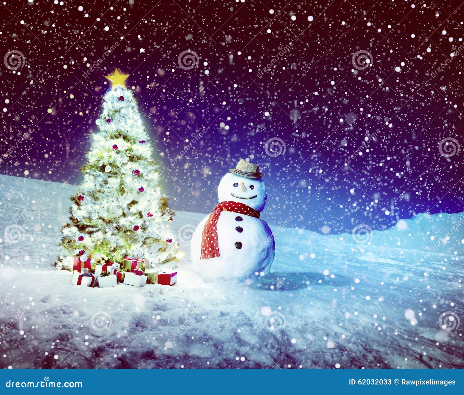 Christmas Tree Snowman Outdoor Concept Stock Image - Image of lights ...
