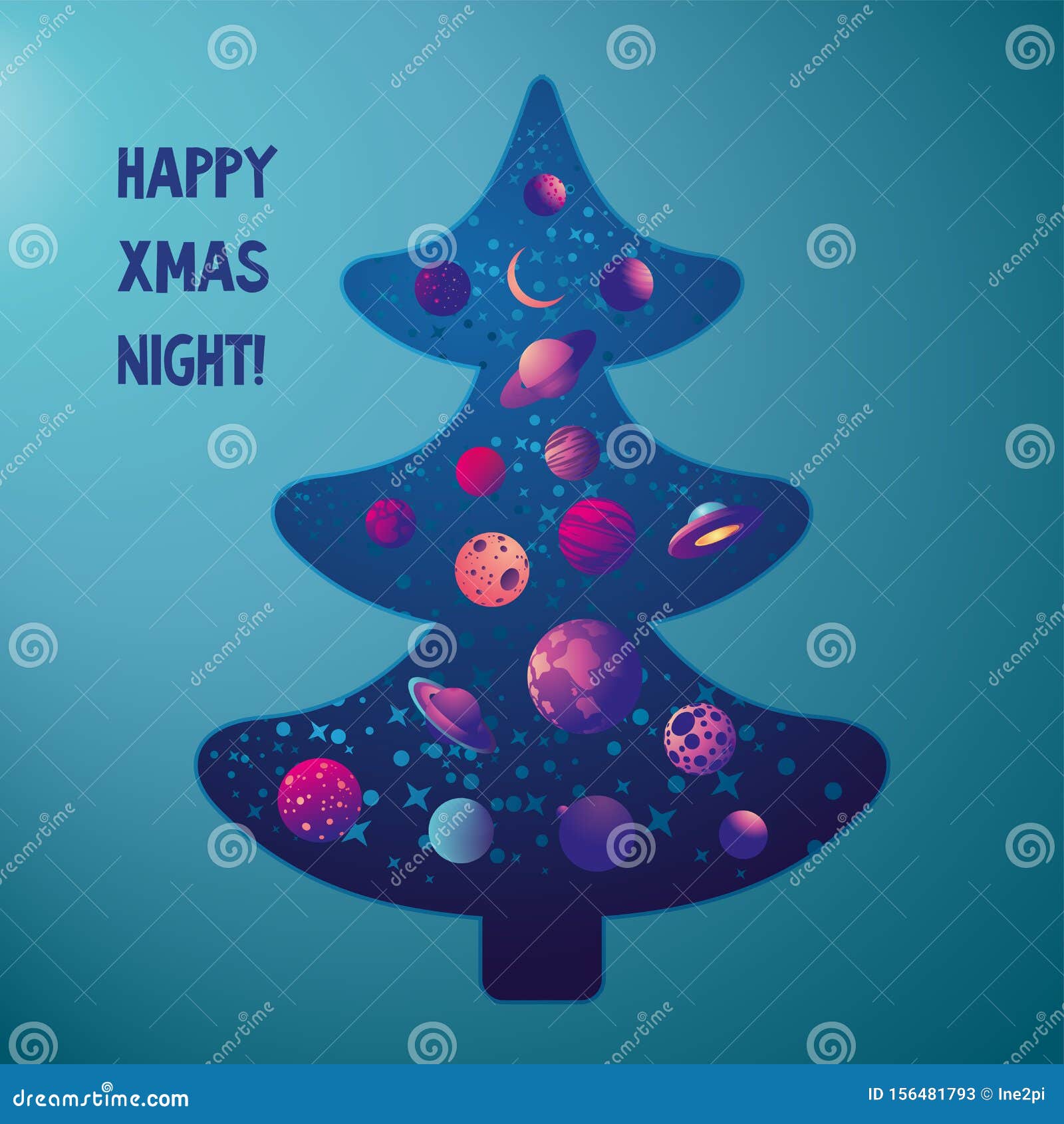 Christmas Tree with Space, Stars and Planet Inside. Vector Greeting ...