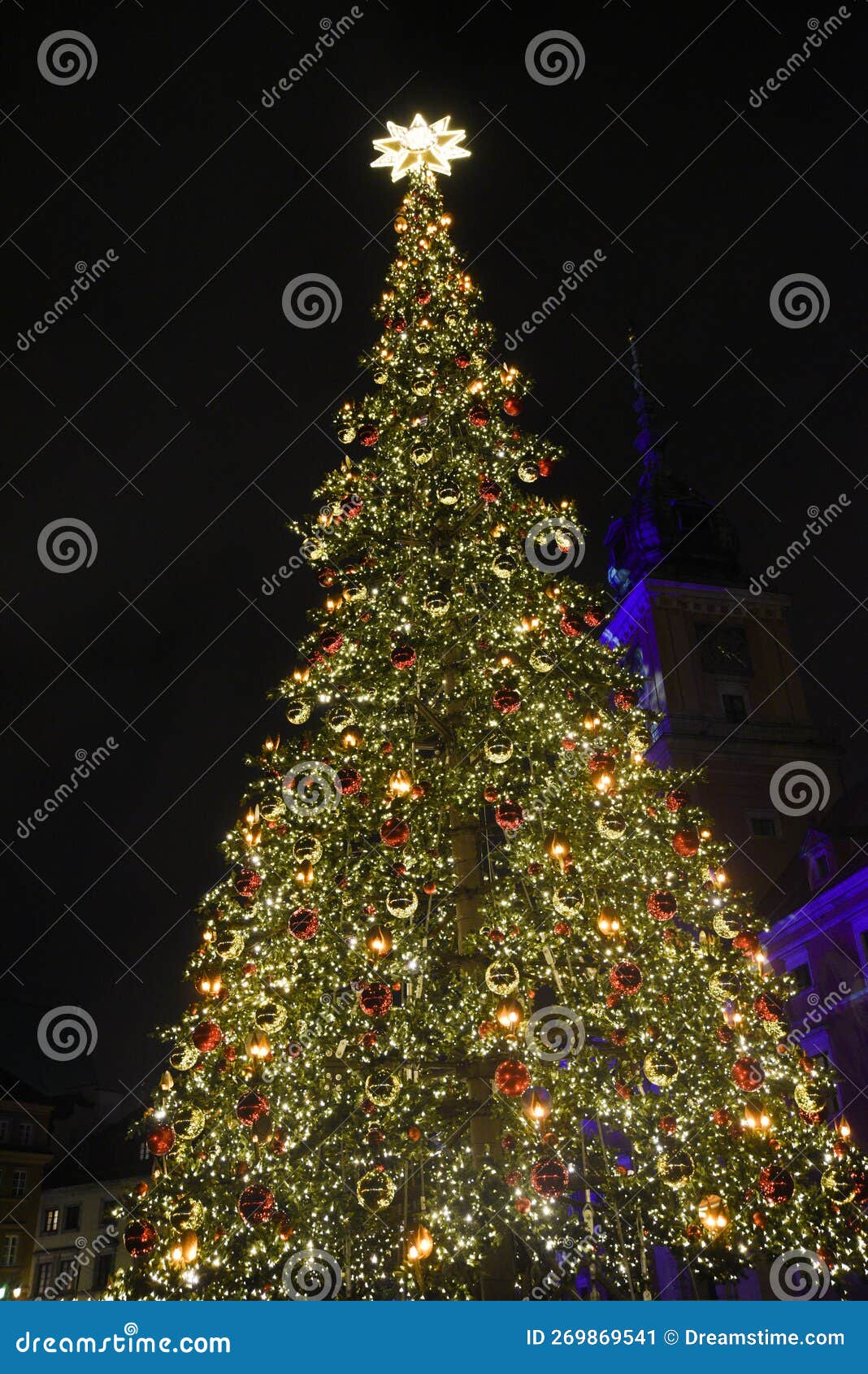 Christmas Tree in the Square Decorated with Bubbles and Lights Stock ...