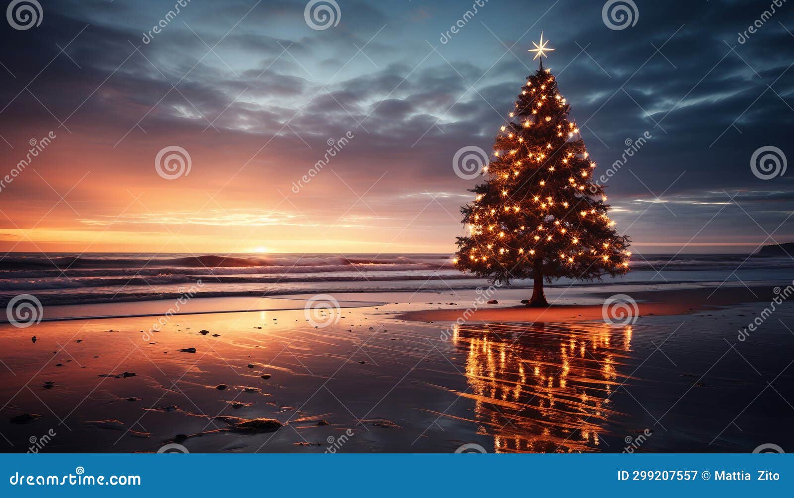 Christmas Tree at Sunset with Decorations Stock Image - Image of beach ...