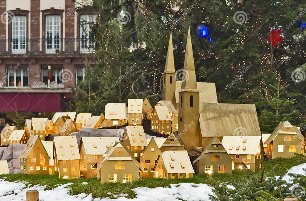 Christmas Tree and Town Maquette Stock Photo - Image of alsace ...