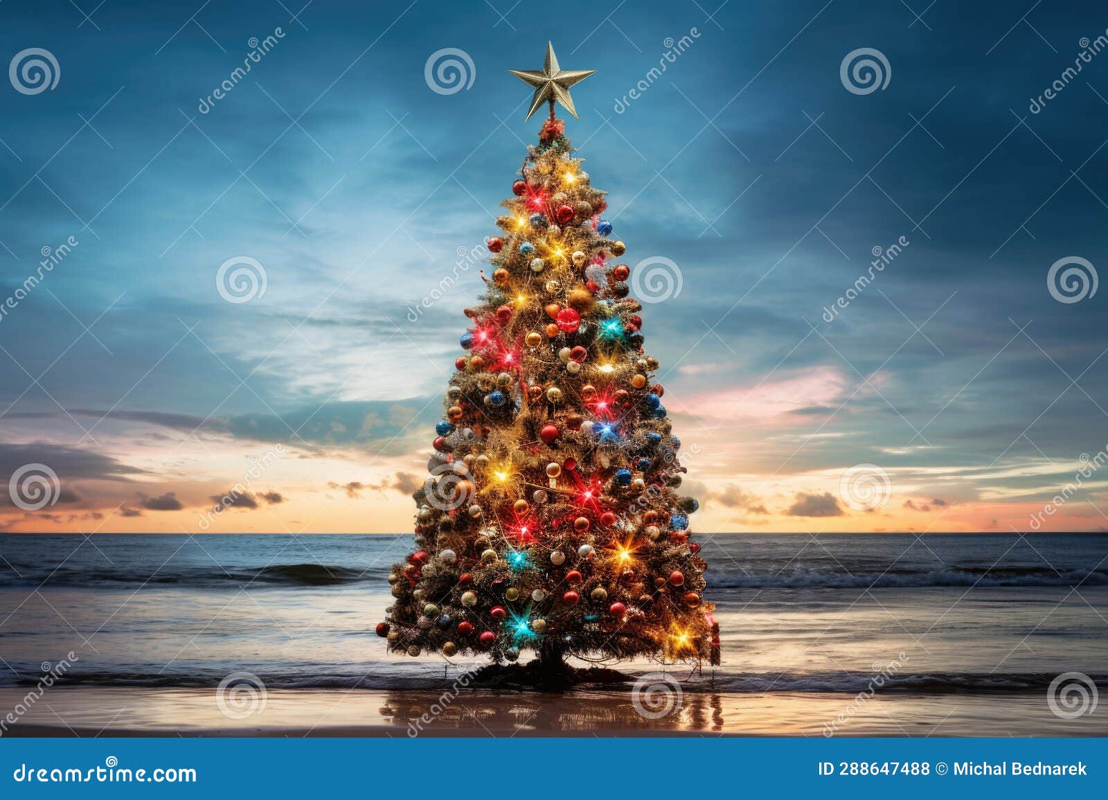 Christmas Tree on Tropical Beach with Ocean View at Sunset Stock Photo ...