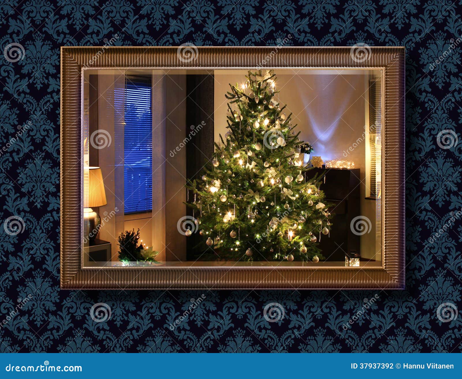 Christmas Tree in Wall Mirror Stock Photo - Image of house, season ...
