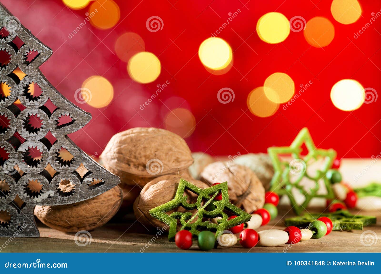 Christmas Tree with Wallnuts and Decorations Stock Photo - Image of ...