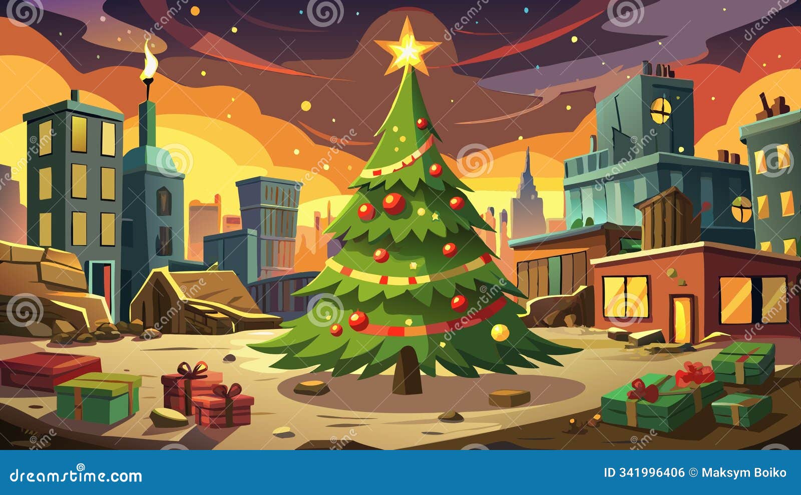 Christmas Tree in a War Torn City and Destroyed Buildings Concept of ...