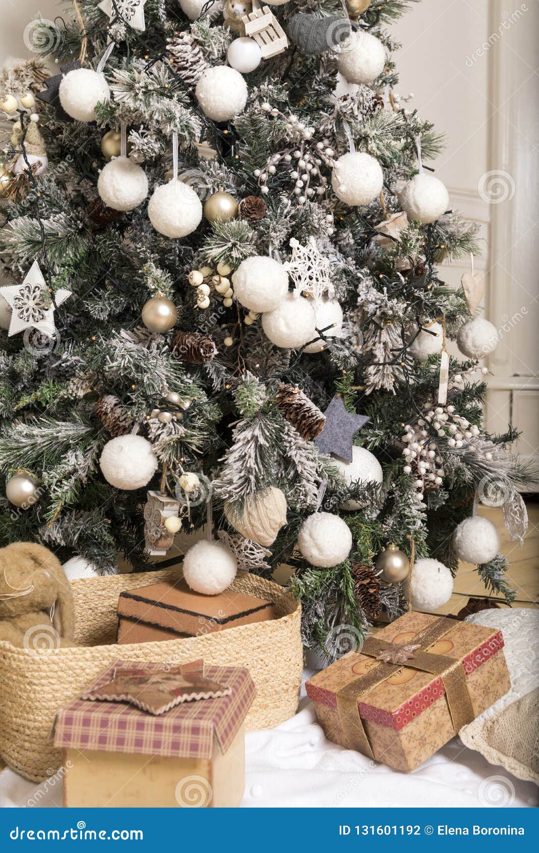 Christmas Tree with White Balls, Gifts Under the Tree, Boxes with Gifts ...