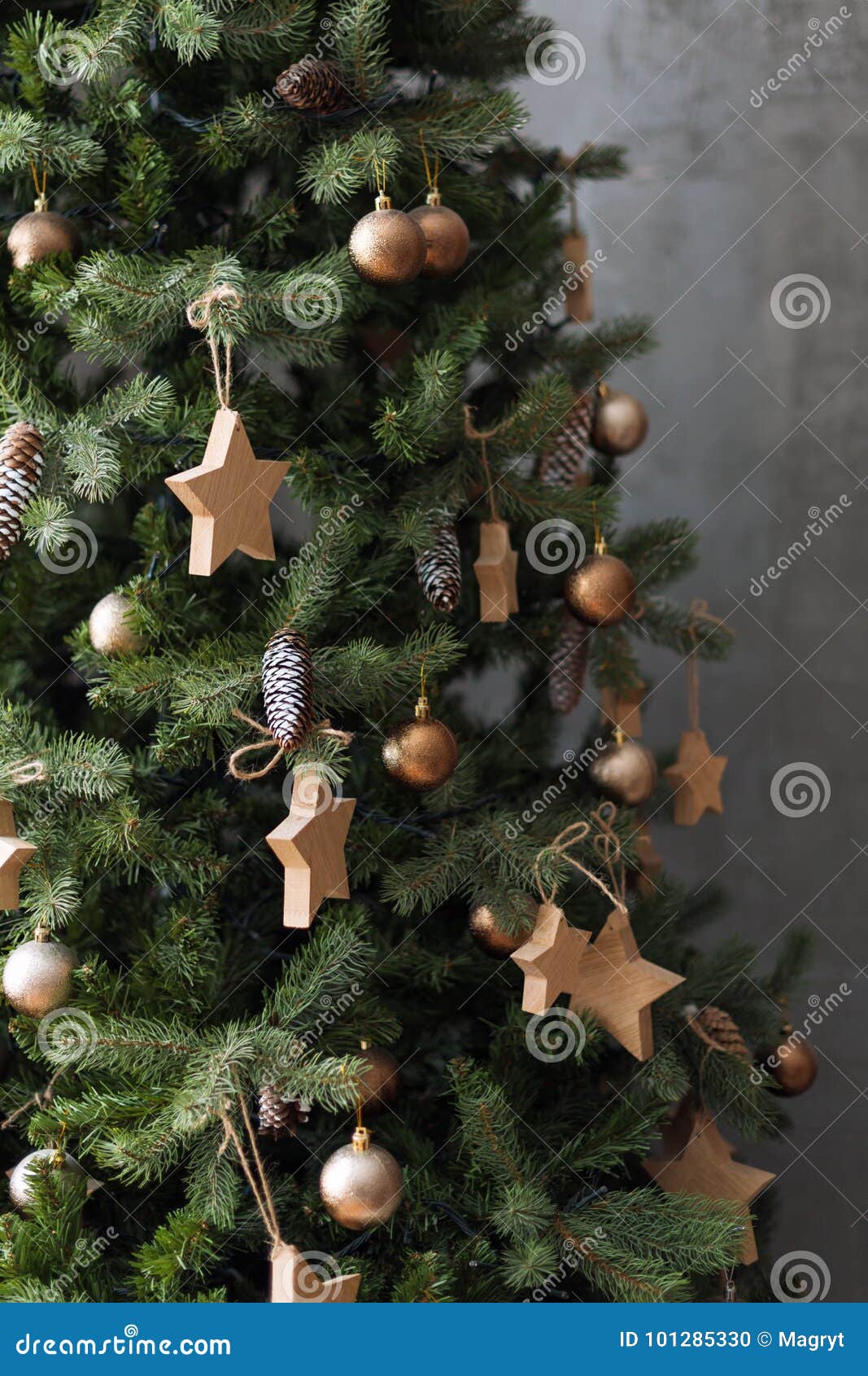 Christmas Tree with Wooden Rustic Decorations in Loft Interior. Stock ...