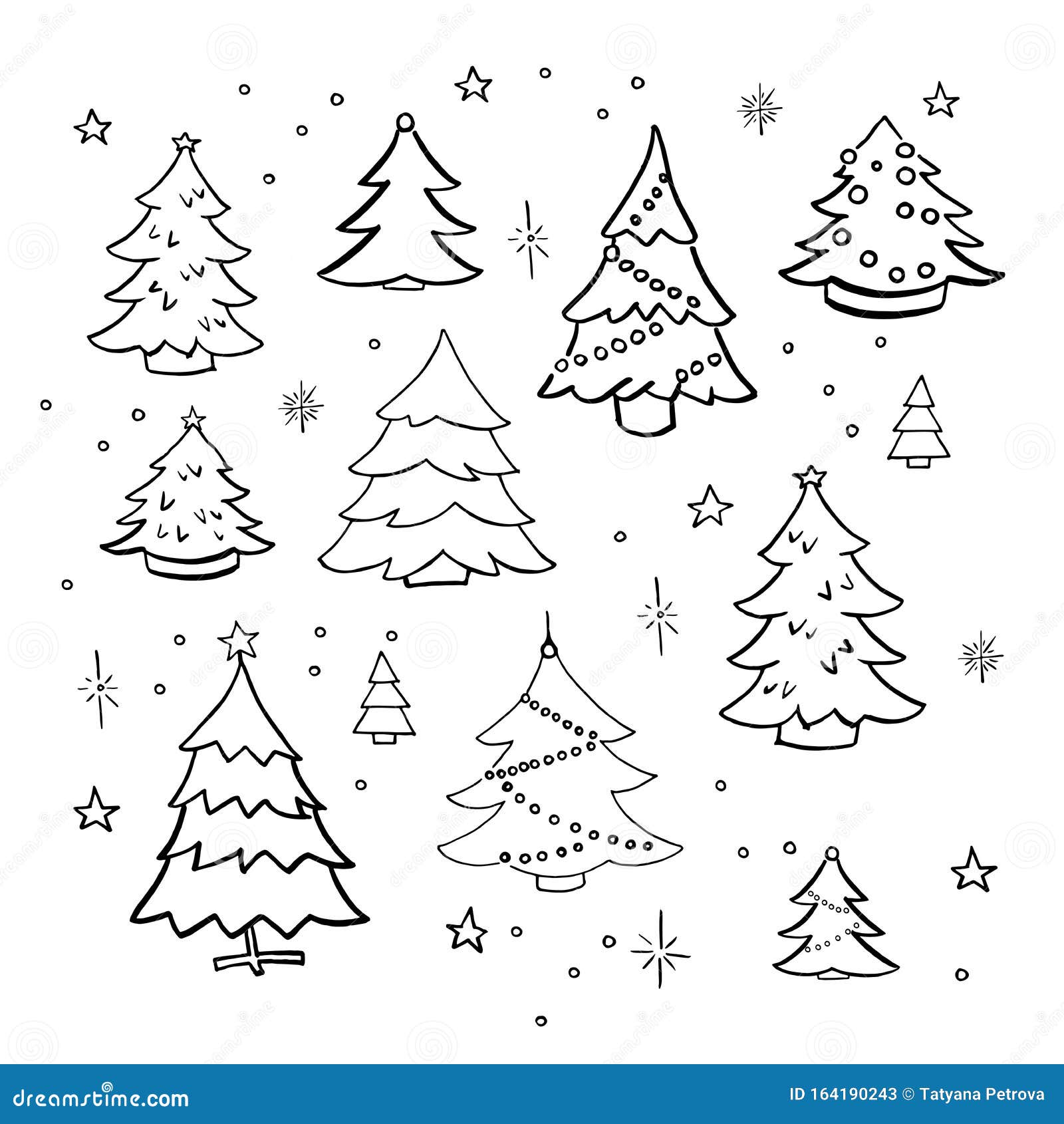 Christmas Trees Doodle Set. Collection of Hand Drawn Decorated ...