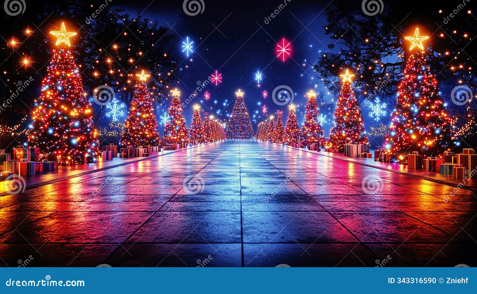 Christmas Trees Lighting a Path at Night Stock Illustration ...