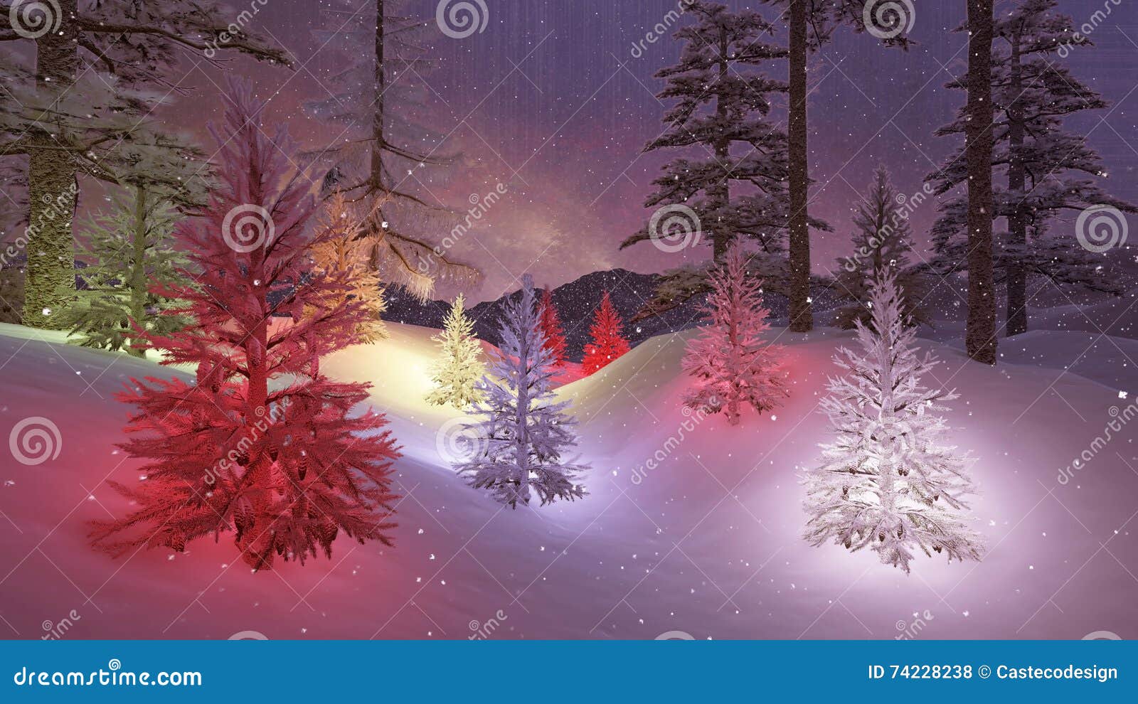 Christmas Trees at Night with Magic Lights Stock Illustration ...