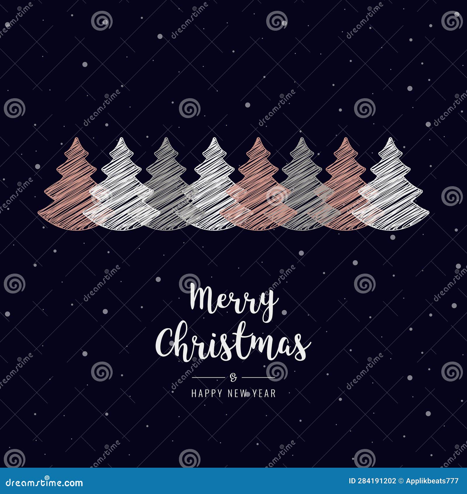 Christmas Trees Scribble Drawing Greeting Rose Gold Snow Background ...
