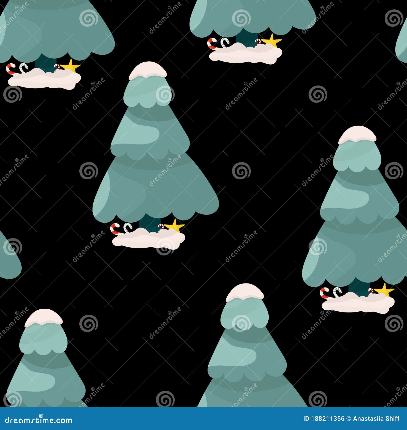 Christmas Trees with Snow on Black Background. Vector Seamless Pattern ...