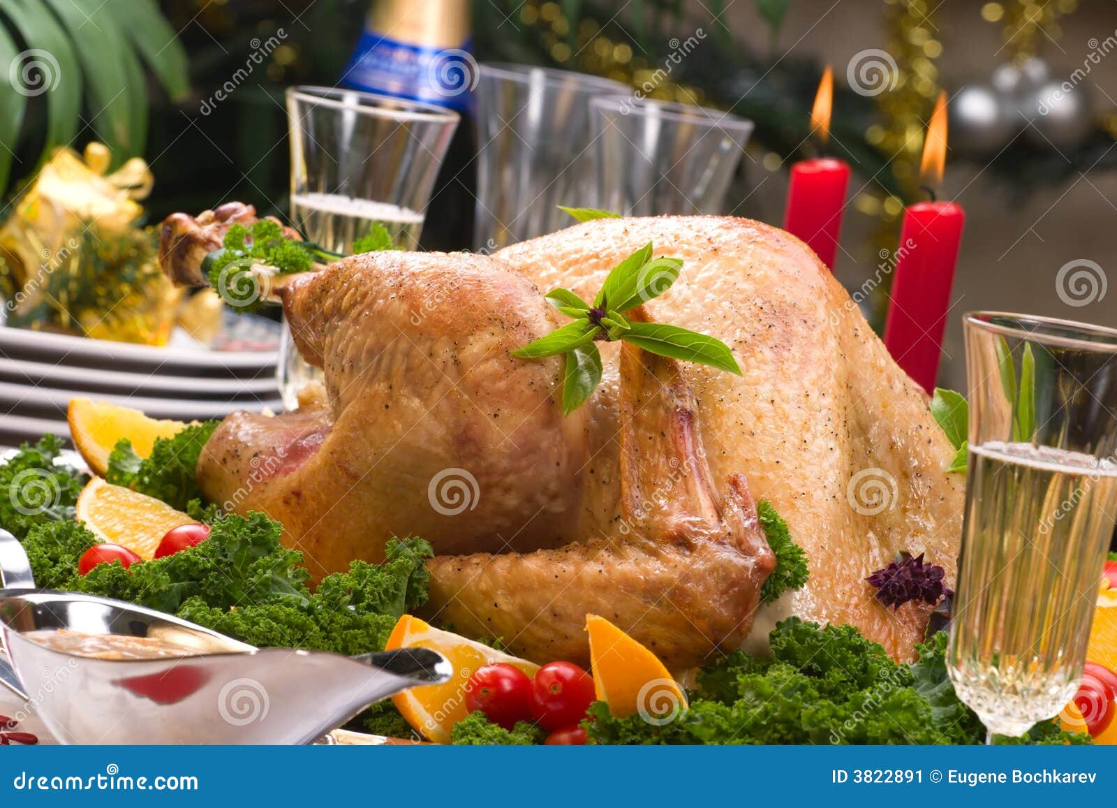 Christmas Turkey on Holiday Table Stock Image - Image of garnished ...