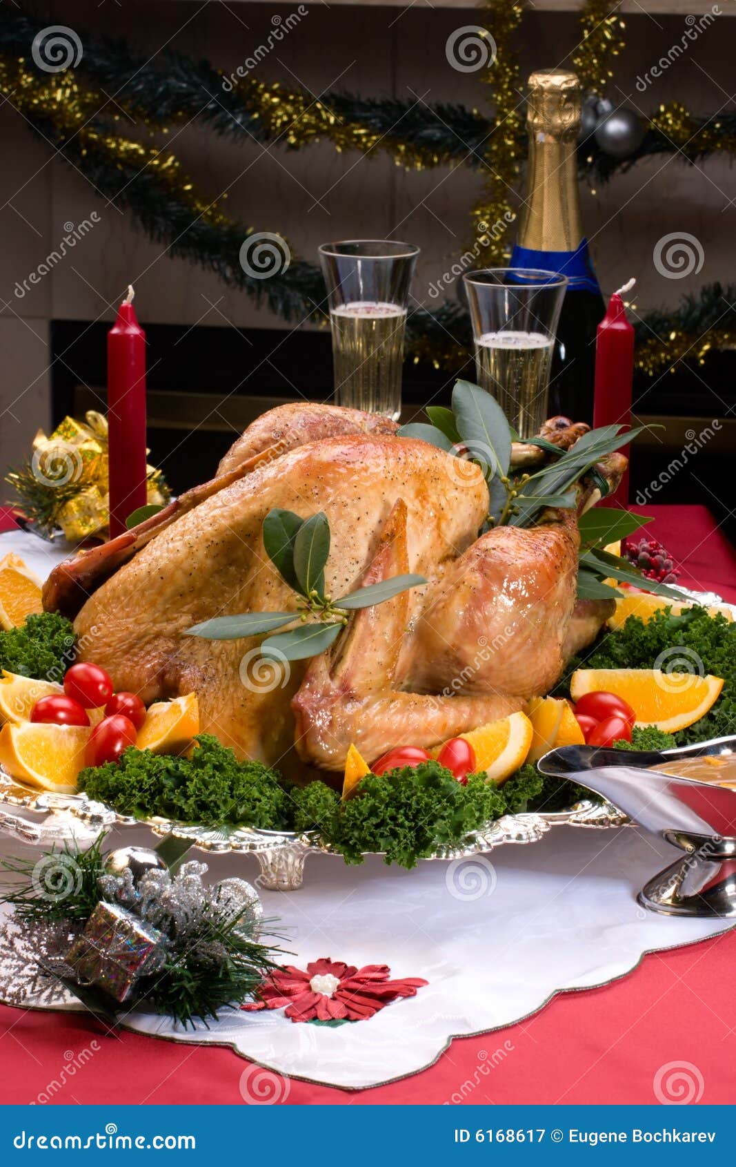 Christmas Turkey on Holiday Table Stock Image - Image of garnished ...