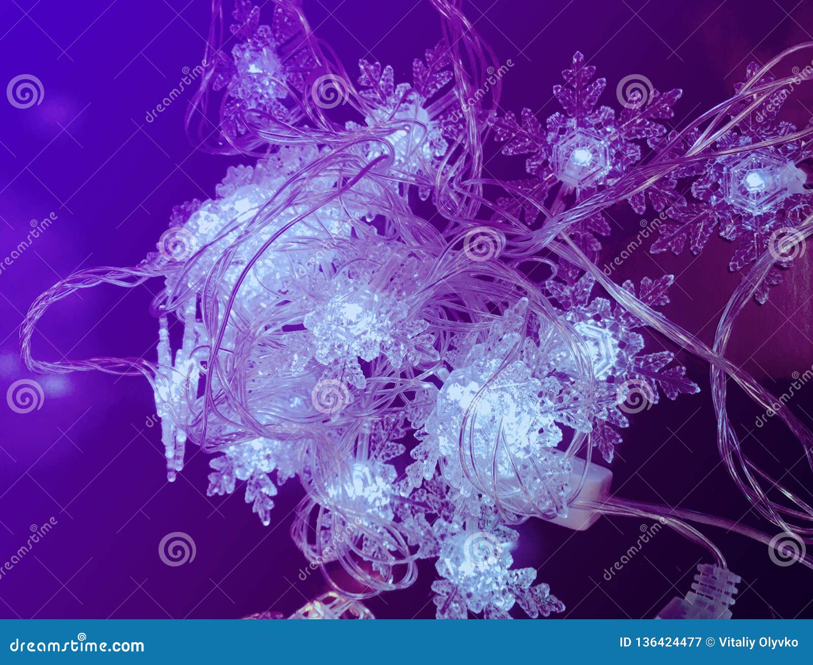 Christmas Ultraviolet Lights Background . Garlands in Shape Snowflake ...