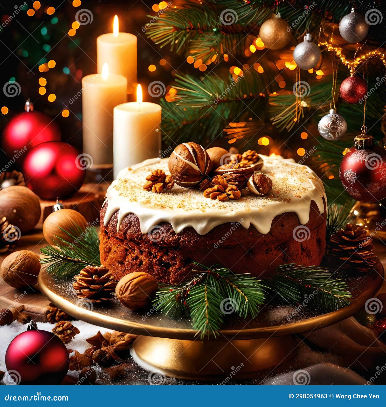 Christmas Walnut Cake on Raised Platter Stock Image - Image of walnut ...