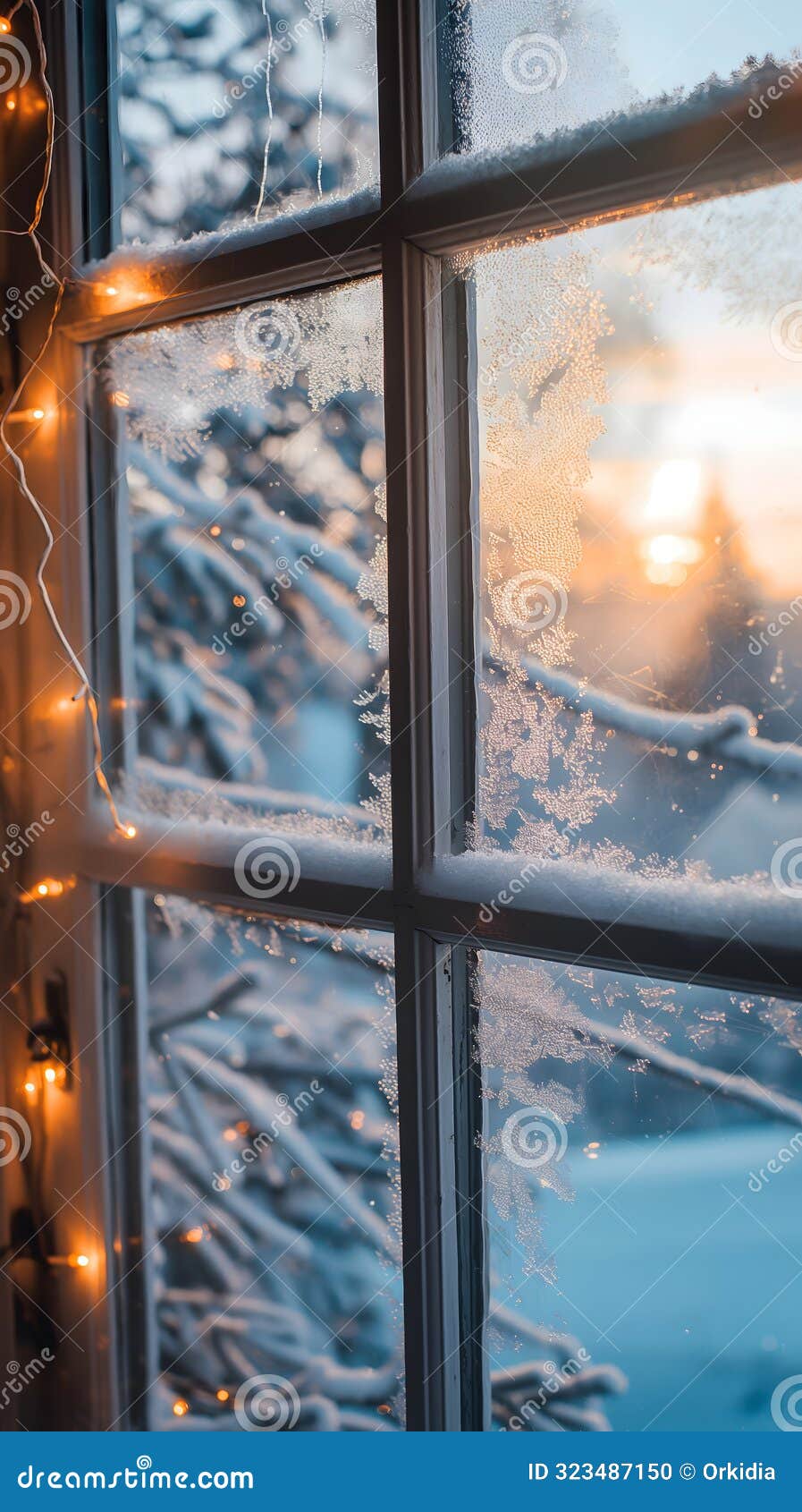 A Christmas Window View, with Lights and Snow Stock Illustration ...