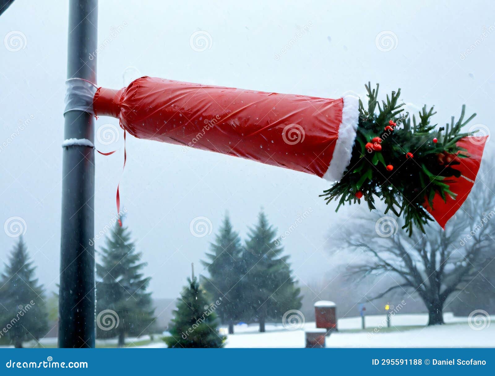 A Christmas Windsock in a Blustery Snowstorm, with a High Camera Angle ...