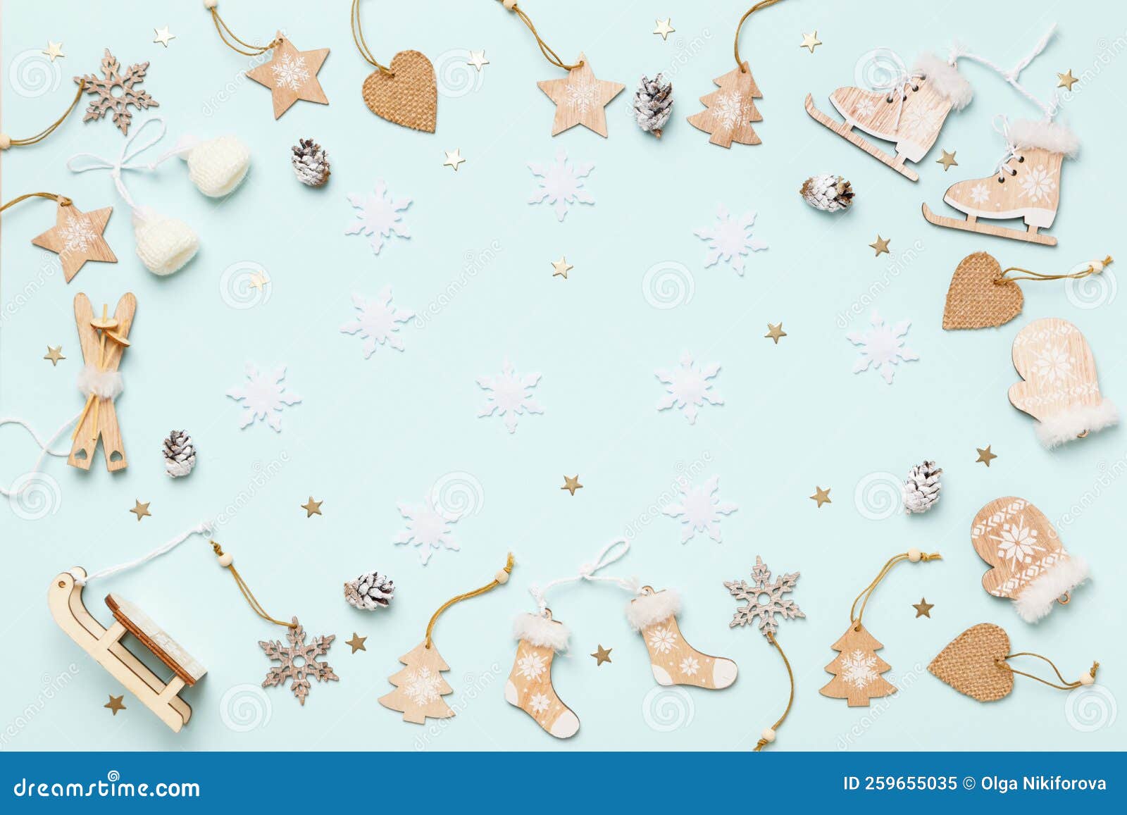 Christmas Winter Composition with Wooden Decorations on a Blue ...