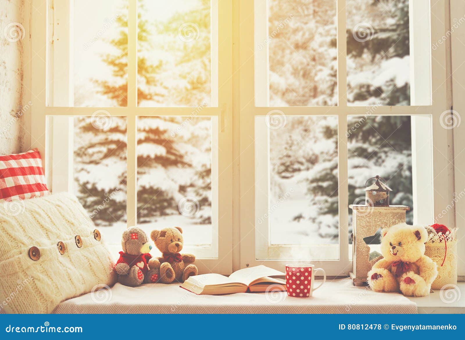 Christmas Winter Window with a Book, a Cup of Hot Tea Stock Photo ...