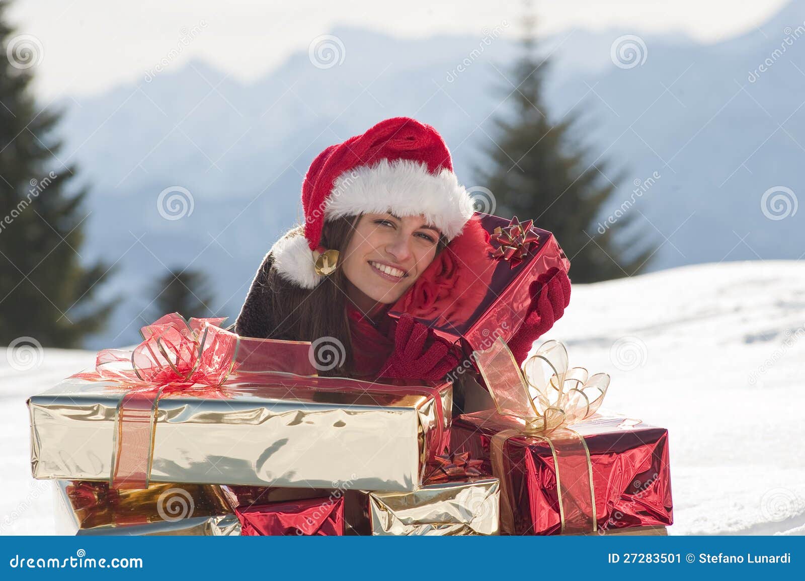 Christmas Woman on the Snow Stock Image - Image of ribbon, horizontal ...