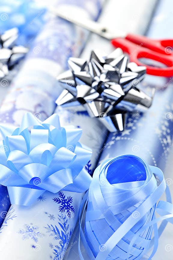Christmas Wrapping Paper Rolls Stock Photo - Image of blue, closeup ...