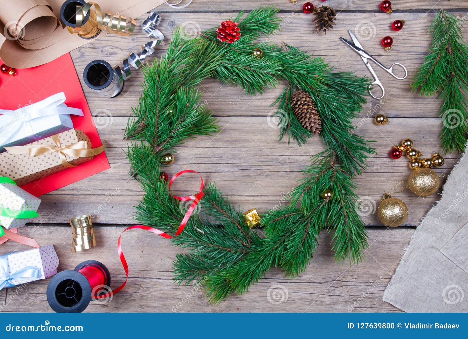 Christmas Wreath on a Table Stock Photo - Image of homemade, decor ...