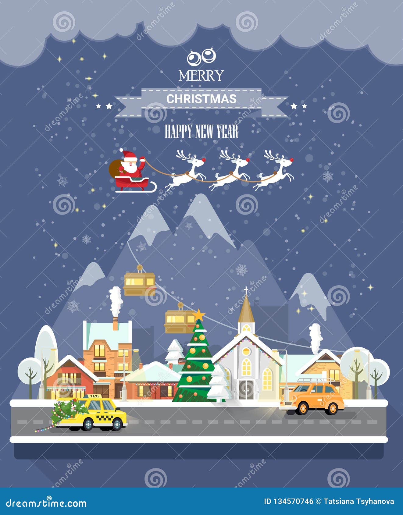 Snowy Tender Christmas. City Street with Taxi Car Carrying Xmas Tree ...