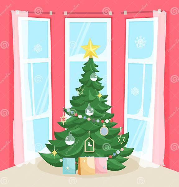 Cartoon Christmas Window of the Living Room with Decorated Christmas ...