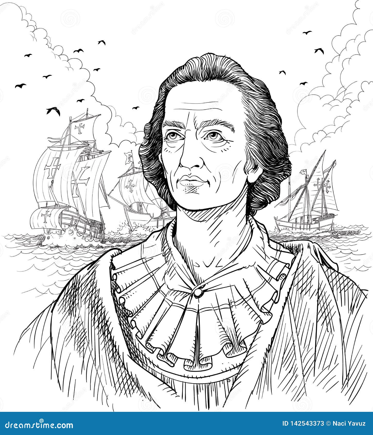 Christopher Columbus Portrait In Line Art Illustration Cartoon Vector ... Christopher Columbus Portrait In Line Art Illustration Cartoon Vector ...