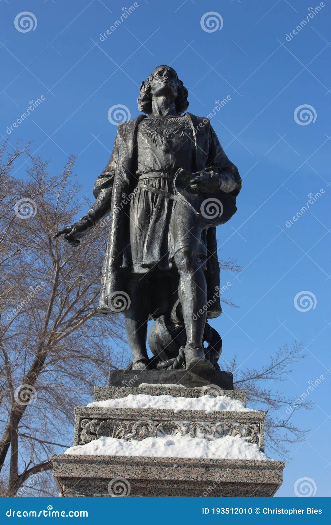 Christopher Columbus Statue with Snow on the Base Stock Photo - Image ...