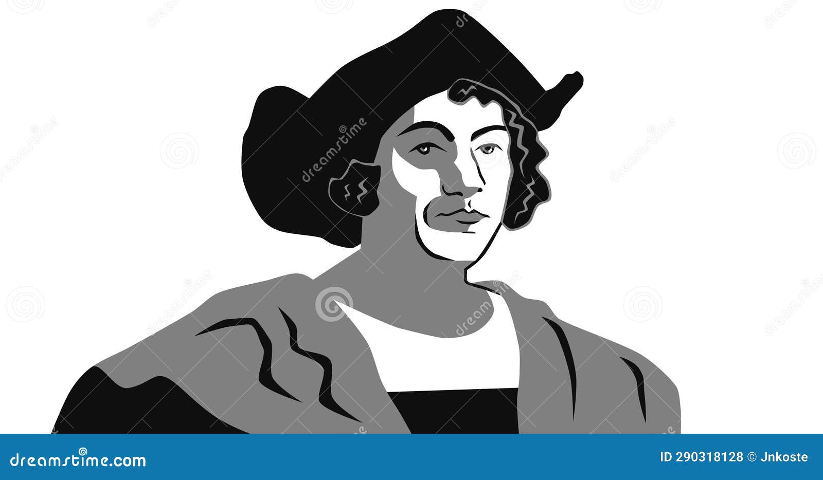 Christopher Columbus Stylized Black and White Illustration Flat Design ...