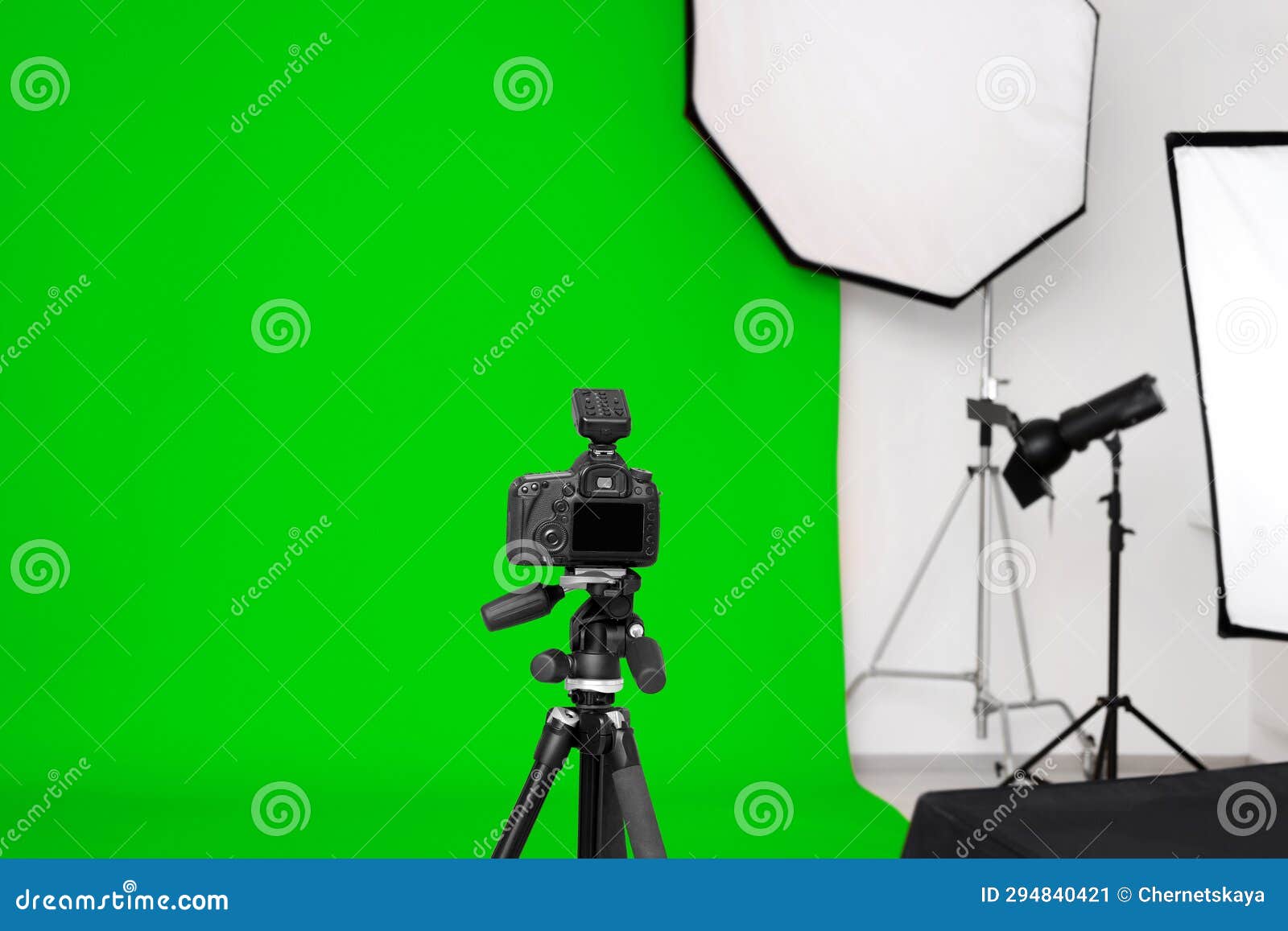 Chroma Key Compositing. Camera, Green Backdrop and Equipment in Studio ...