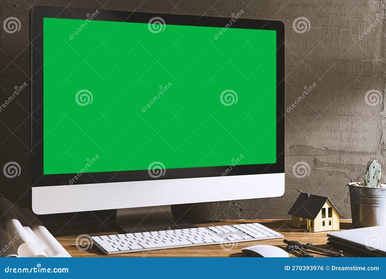 Chroma Key Green Screen, Angled View Computer on Table with ...
