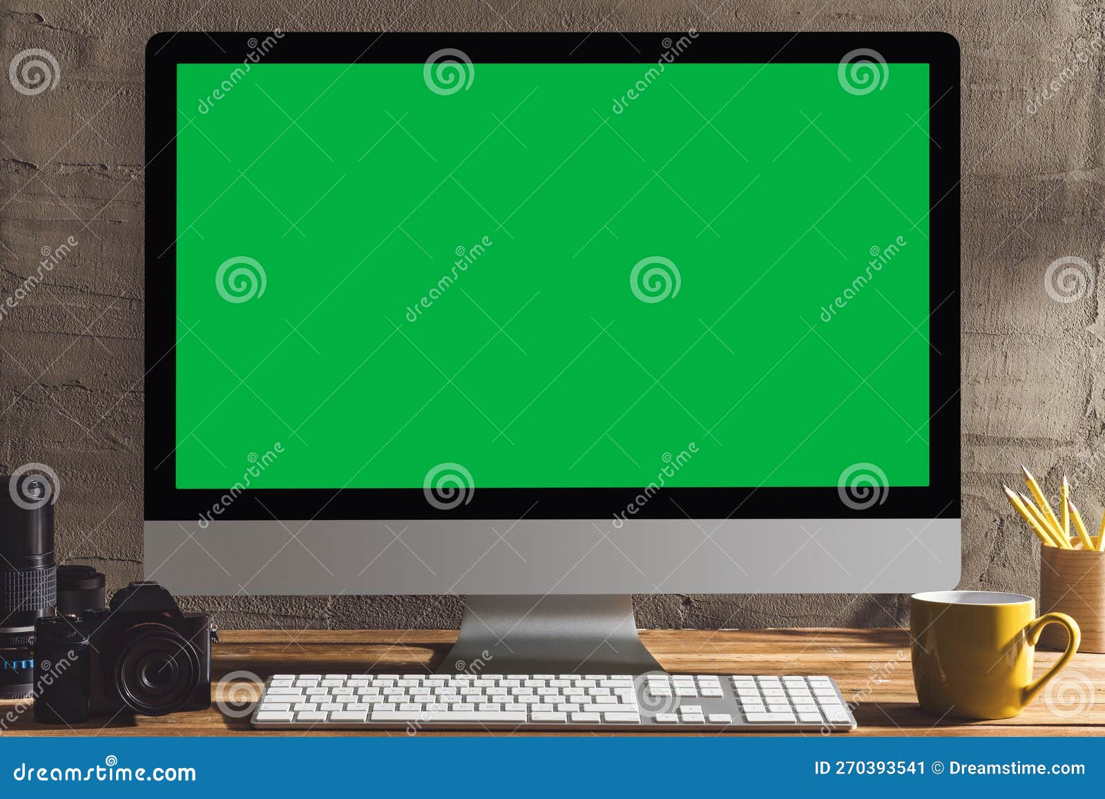 Chroma Key Green Screen Computer on Table with Photography Equipment ...