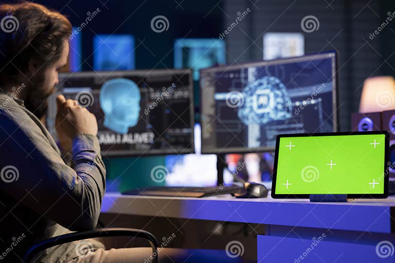 Chroma Key Tablet on Desk Next To Self Aware Artificial Intelligence ...