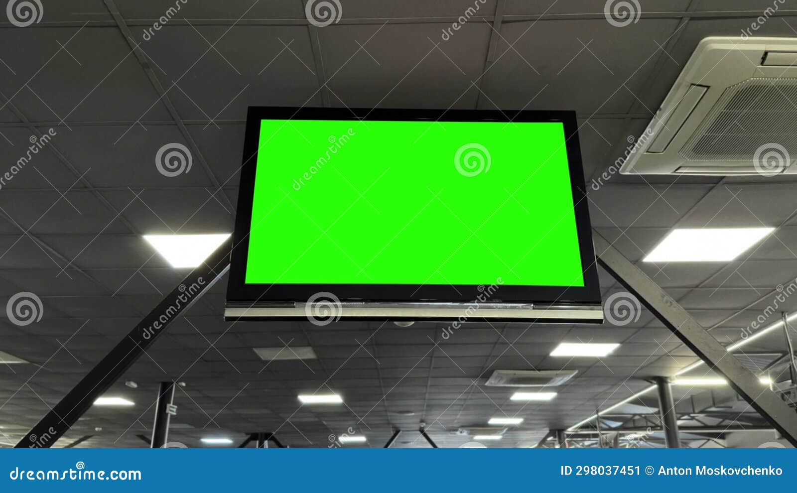 Chromakey Green Screen on a Flat-screen TV, Ceiling-mounted in a Gym ...