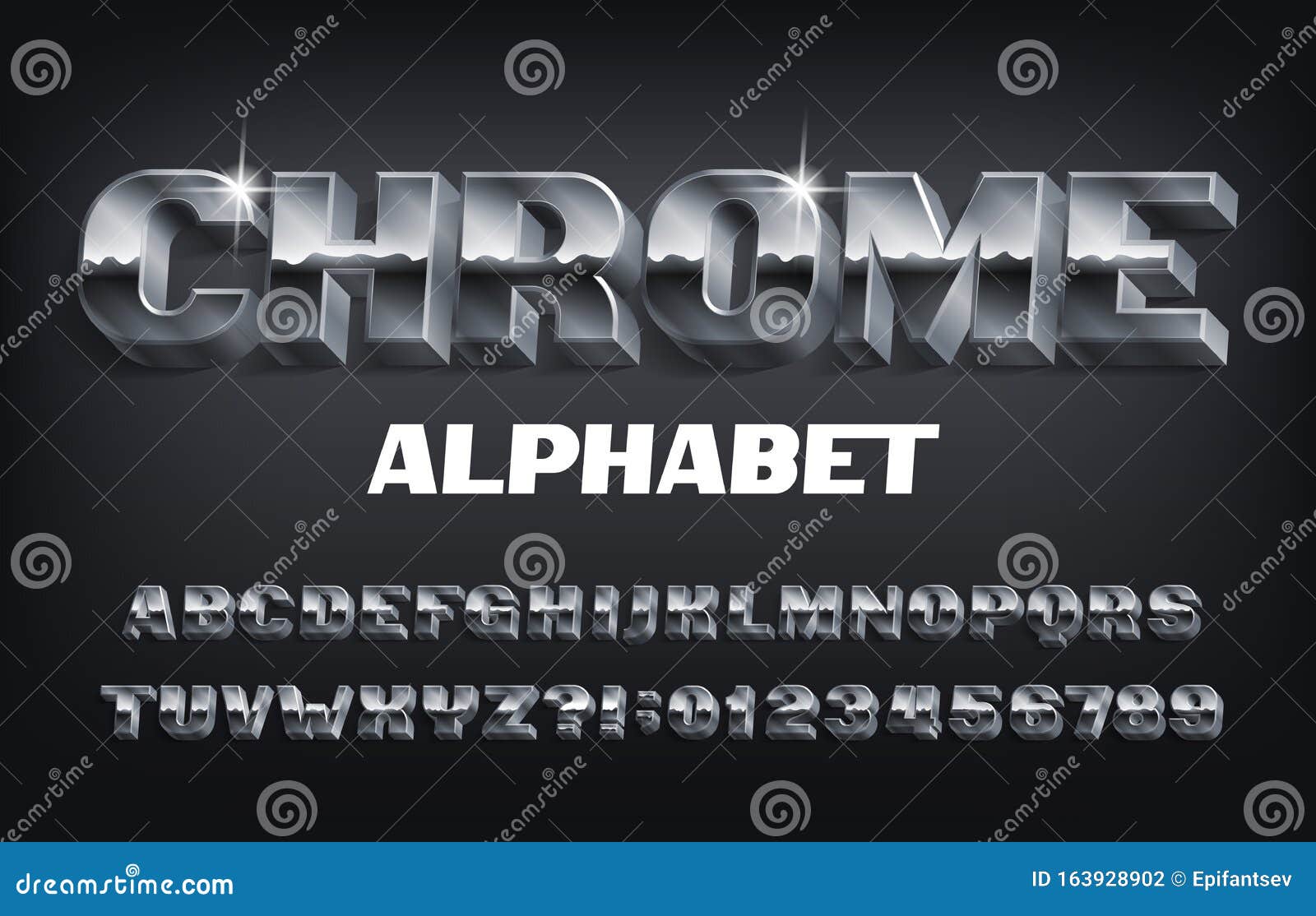 Chrome Alphabet Font 3d Effect Bold Metallic Letters Numbers And Symbols With Shadow Stock