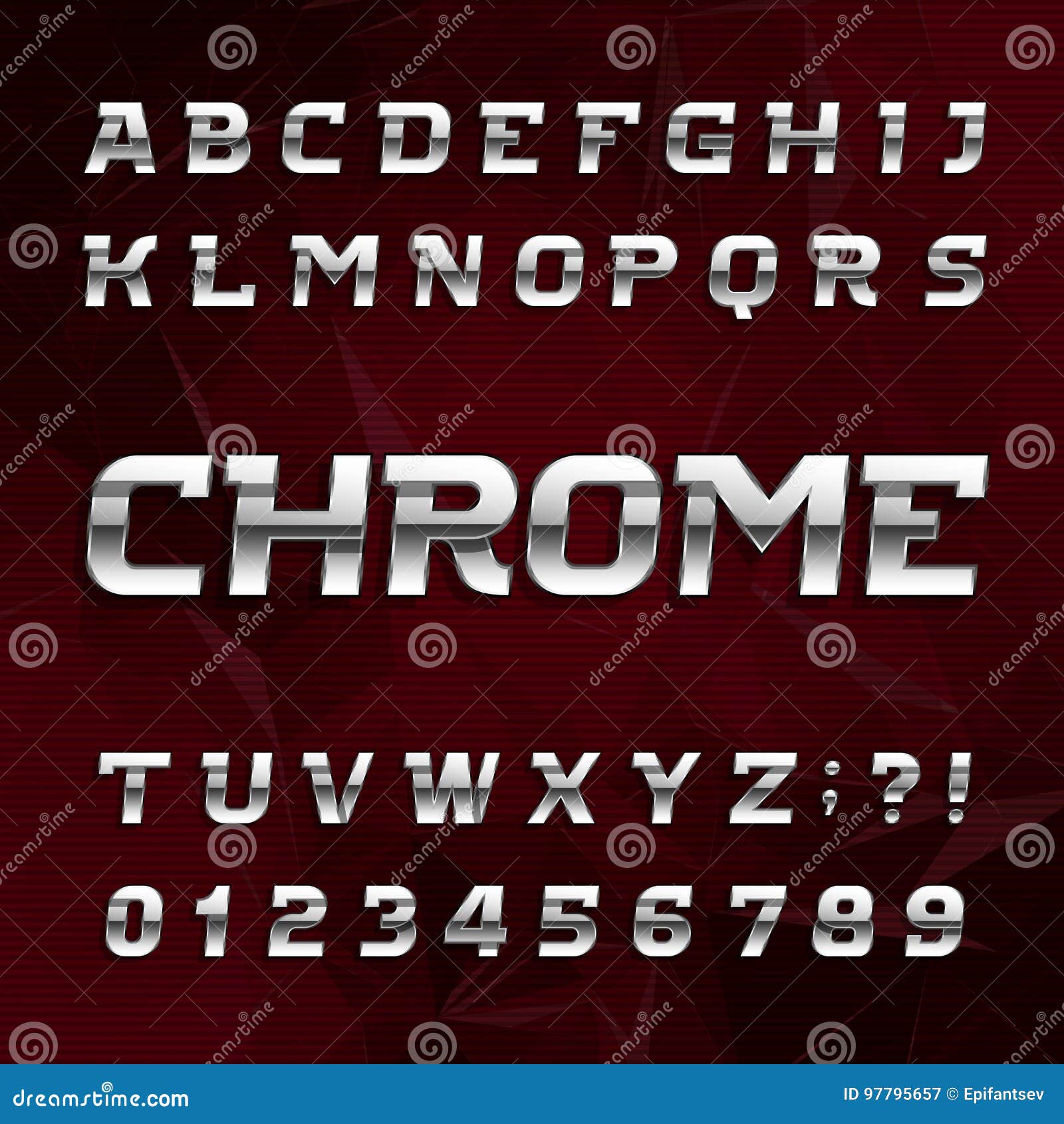 Chrome Alphabet Font Metallic Effect Oblique Letters And Numbers On An Abstract Background