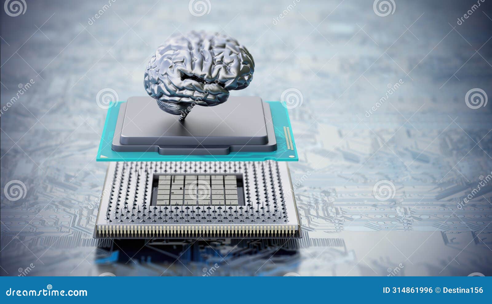 Chrome Brain on the CPU Installed on the Mainboard. 3D Illustration ...
