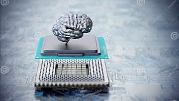 Chrome Brain on the CPU Installed on the Mainboard. 3D Illustration ...