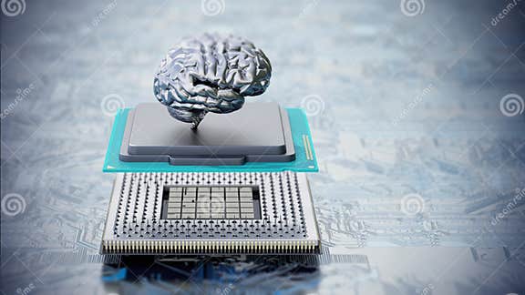 Chrome Brain on the CPU Installed on the Mainboard. 3D Illustration ...