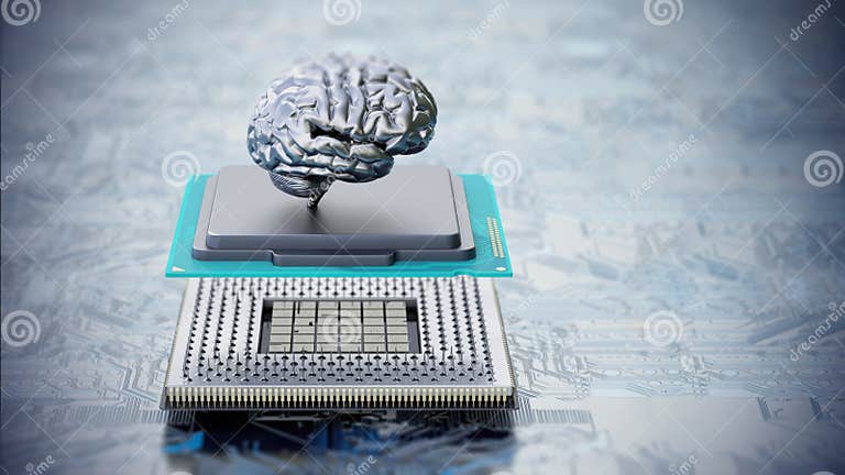 Chrome Brain on the CPU Installed on the Mainboard. 3D Illustration ...