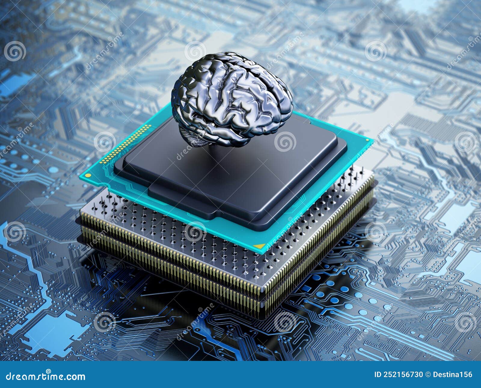 Chrome Brain on the CPU Installed on the Mainboard. 3D Illustration ...