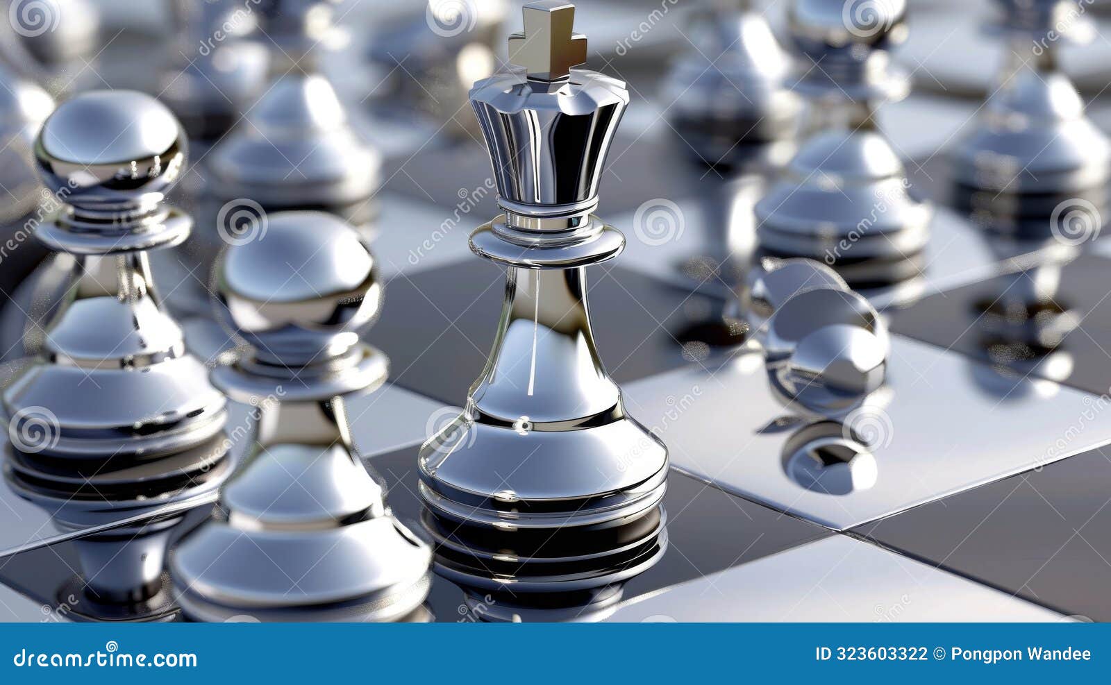 Chrome Chess Pieces on a Black and White Checkered Board Stock ...