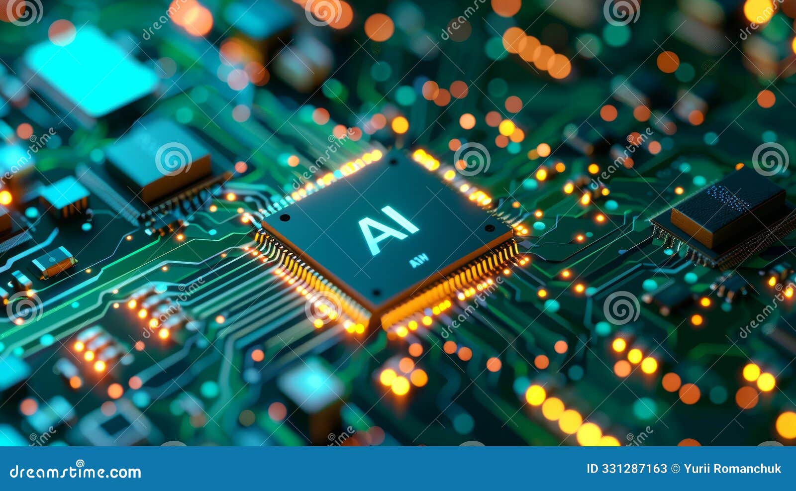 Chrome Computer Chip on Green Board with Ai Etching and Glowing ...