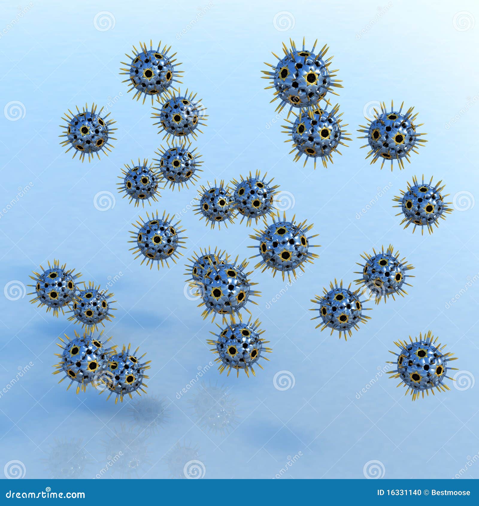Chrome-golden Viruses Hovering Over Blue Surface Stock Illustration ...