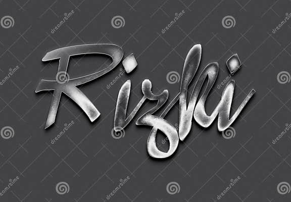 Chrome Metal 3D Name Design of Rizki on Grey Background. Stock Photo ...