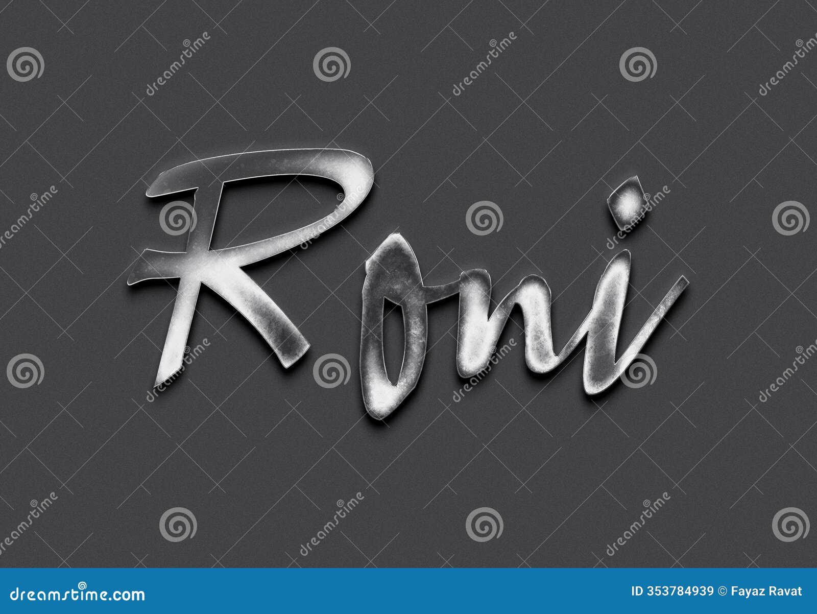 Chrome Metal 3D Name Design of Roni on Grey Background. Stock Image ...